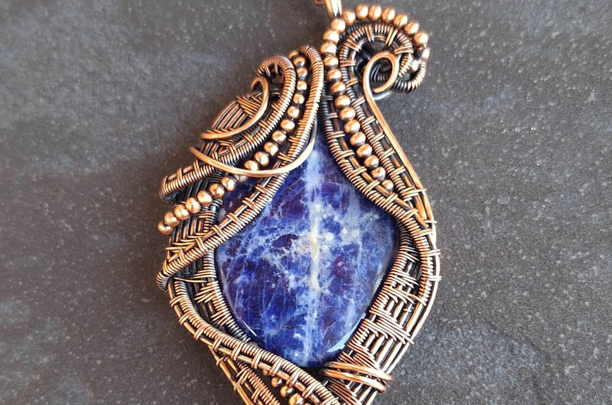 Exquisite sodalite pendant framed by copper wire and beads. | American ...