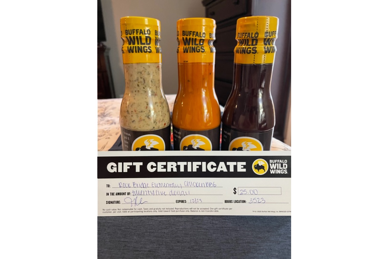 908. [$25] Gift Certificate, [3] Sauce Bottles (Buffalo Wild Wings ...