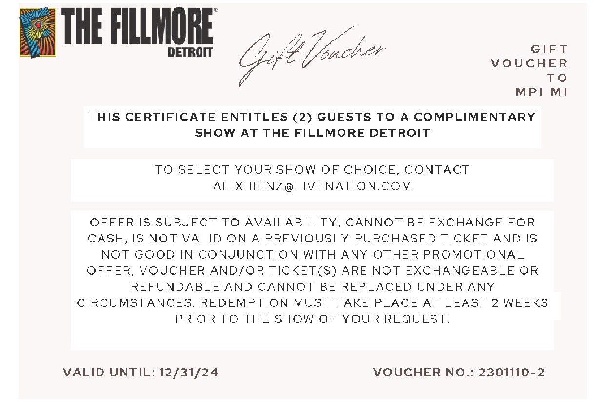 (2) Tickets to a Select Show of Choice at the Fillmore Detroit | MPI ...