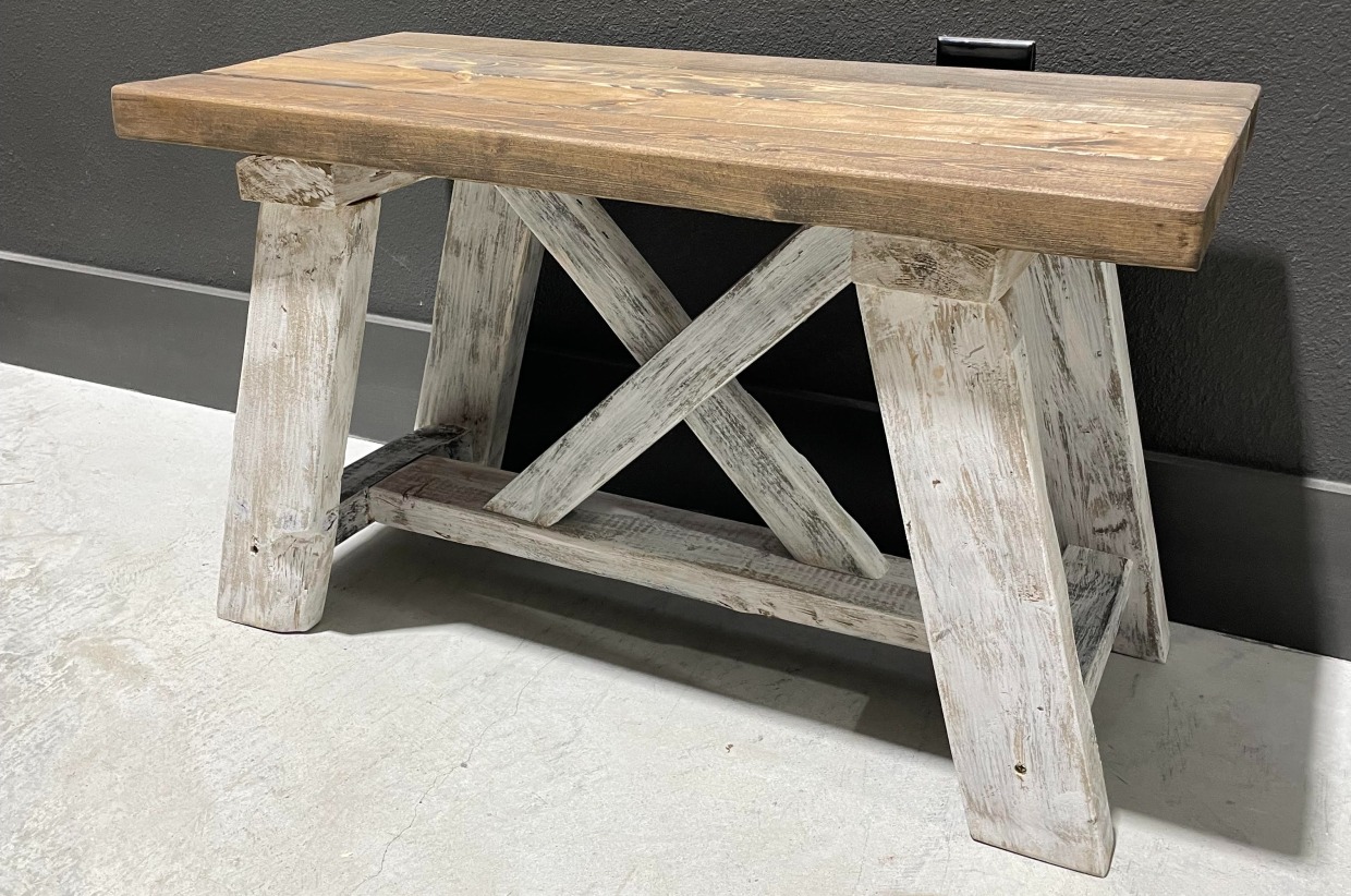 Rustic Bench - Wood Plank Top with White wash base - CLV Creations ...