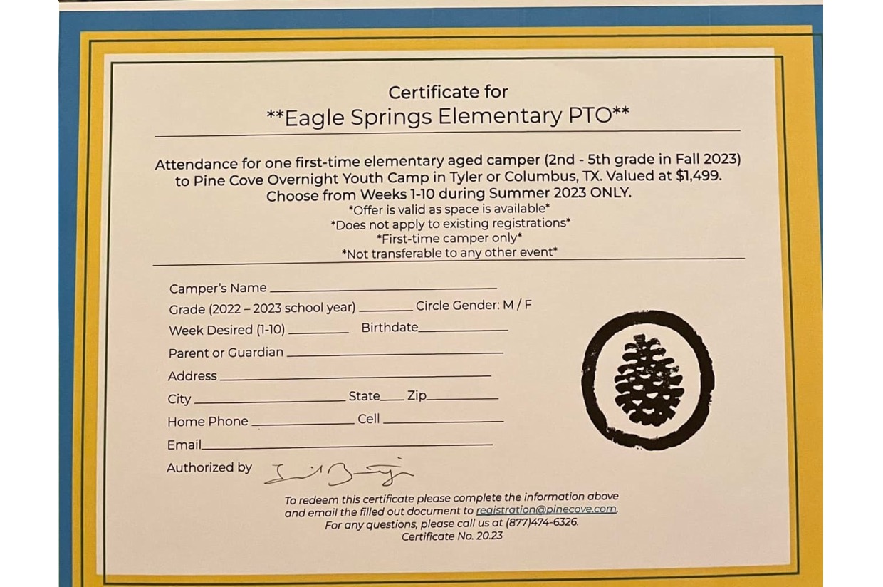 Pine Cove Camp giveaway supporting Eagle Springs Elementary PTO ...
